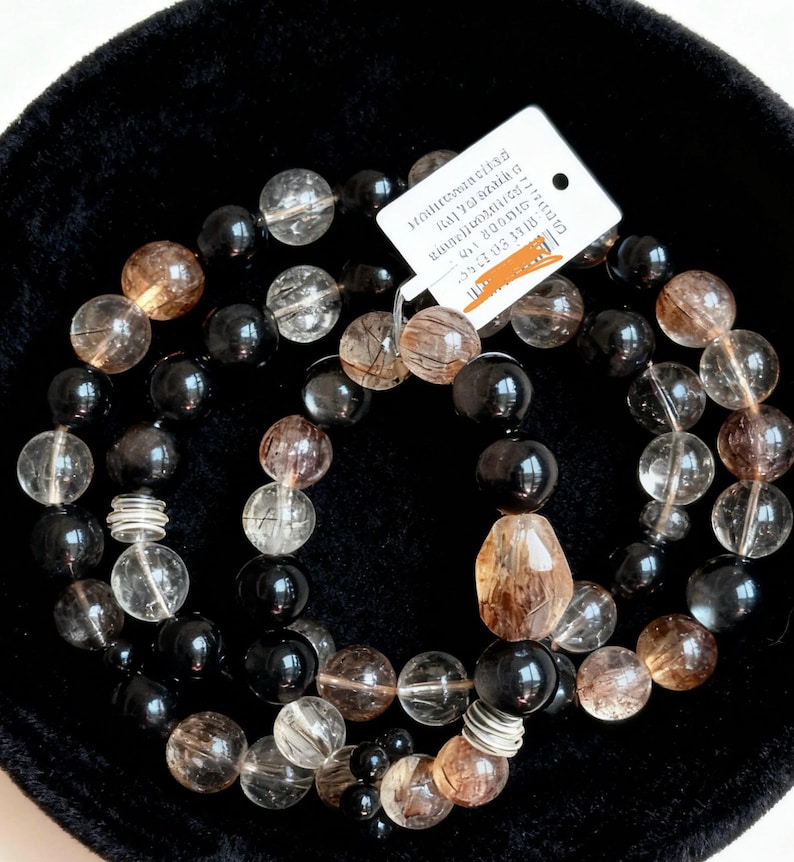 Handcrafted Sheen Obsidian+ Rutilated Quartz+ S925 12mm Bracelet ...