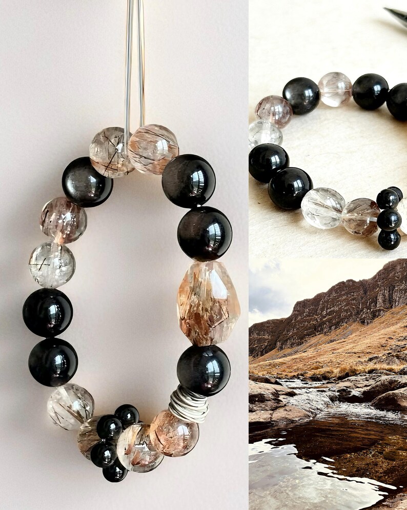 Handcrafted Sheen Obsidian+ Rutilated Quartz+ S925 12mm Bracelet ...