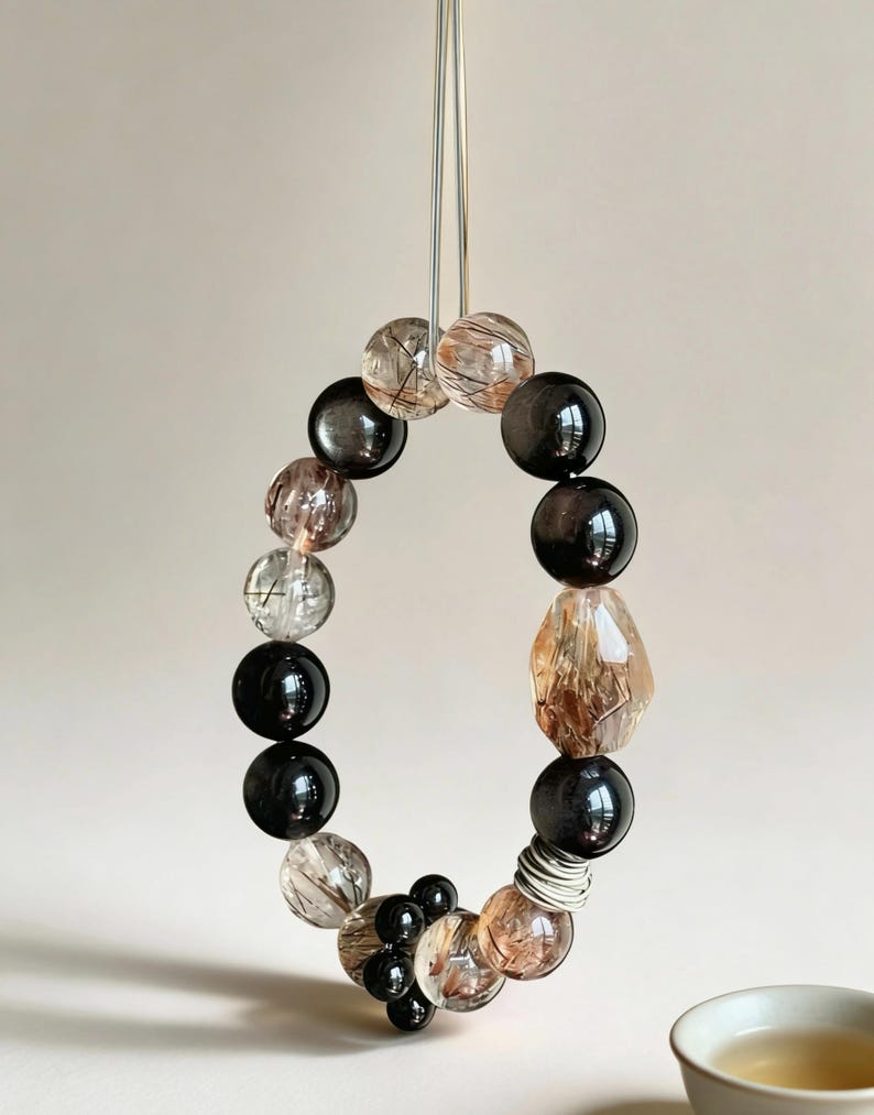 Handcrafted Sheen Obsidian+ Rutilated Quartz+ S925 12mm Bracelet ...
