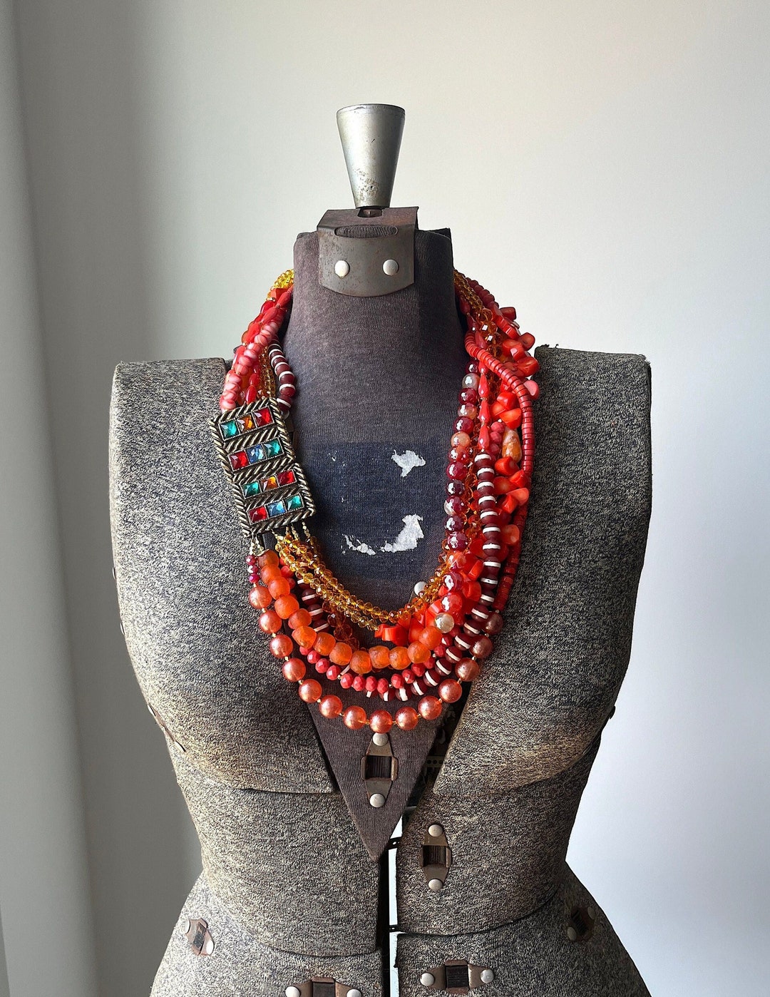 Bright Red Chunky Necklace Vintage Rhinestone Statement Necklace Art ...