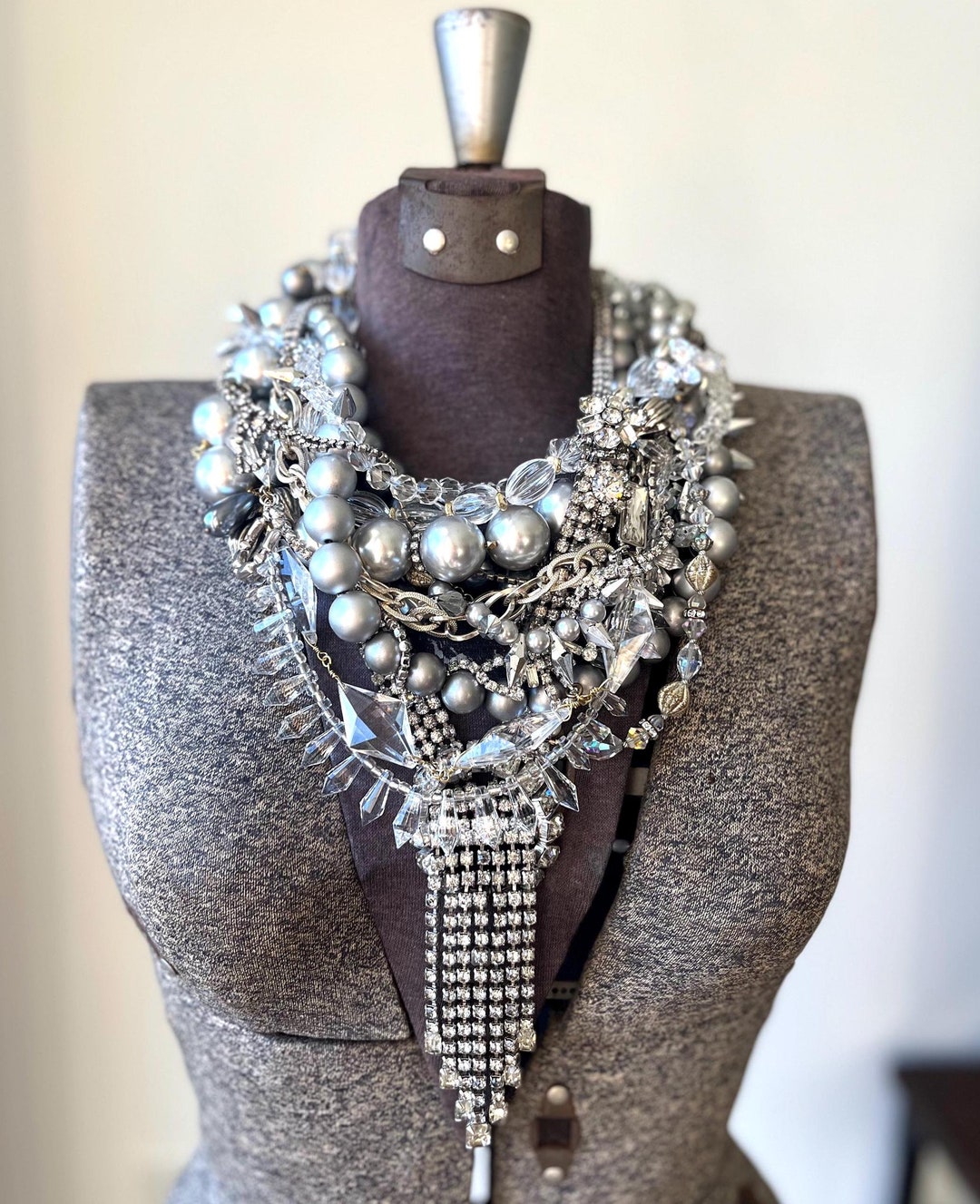 Big Chunky Silver Necklace Big Bold Art Deco Necklace Silver Rhinestone ...