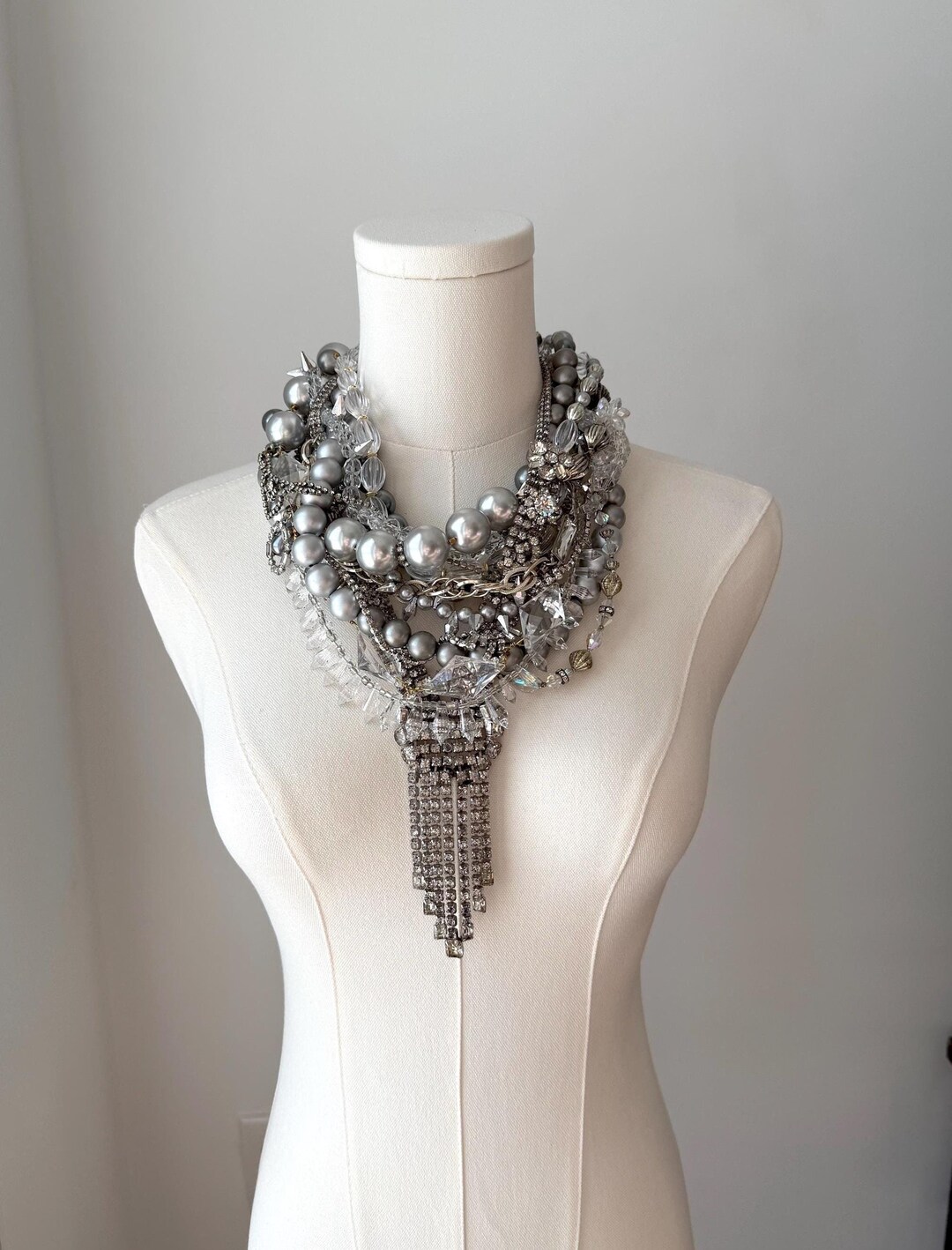 Big Chunky Silver Necklace Big Bold Art Deco Necklace Silver Rhinestone ...