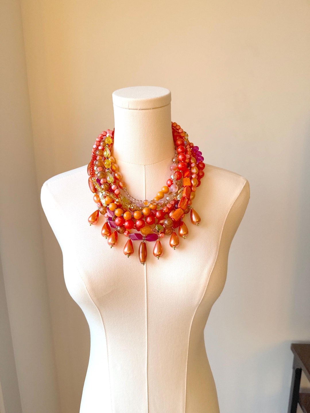 Bold Bright Orange Magenta Statement Necklace Vintage Orange Pink Gold ...