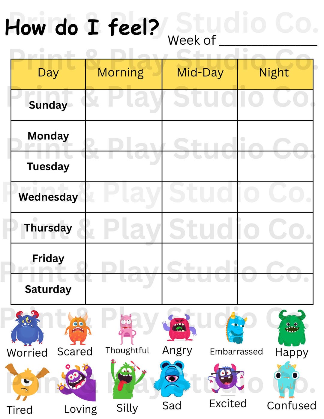 Weekly Mood Tracker for Kids – Printable Monster Feelings Chart ...