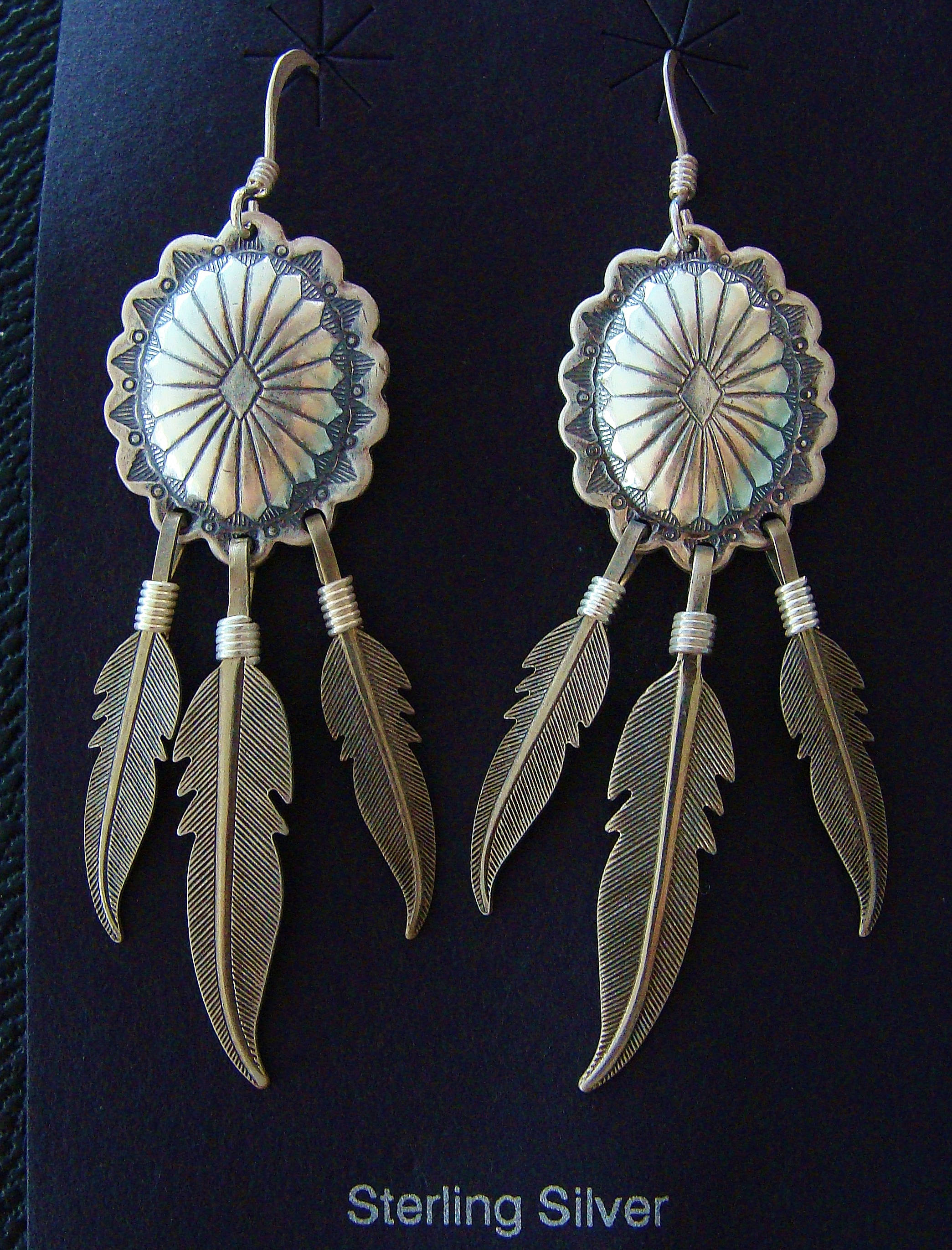 Vintage Sterling Silver CONCHO and Feather Earrings Jewelry Primitive ...
