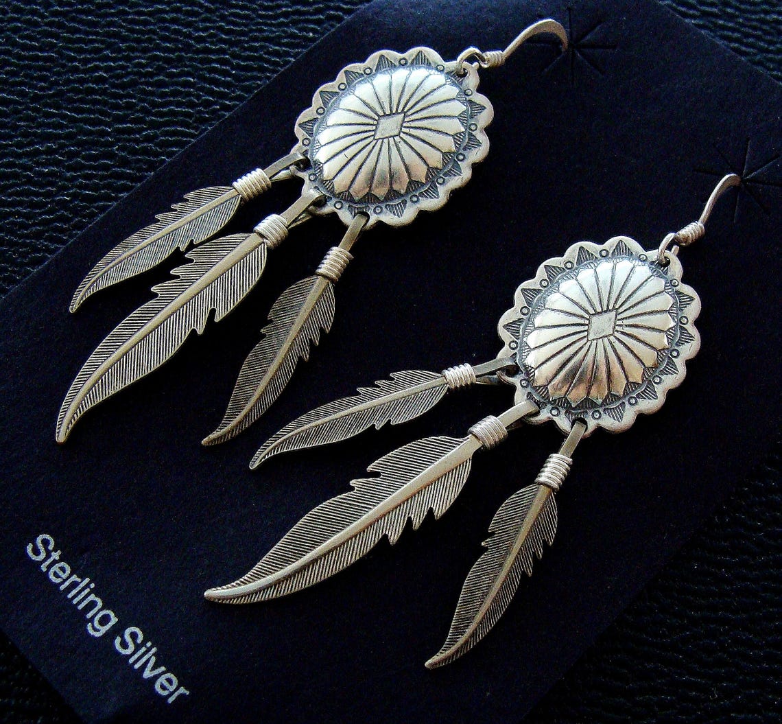 Vintage Sterling Silver CONCHO and Feather Earrings Jewelry Primitive ...