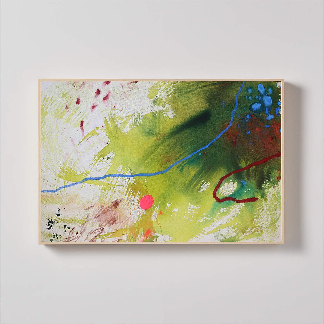 Painting,green Abstract Art Canvas,blue Line, Raw Cancavs Art, Abstract ...