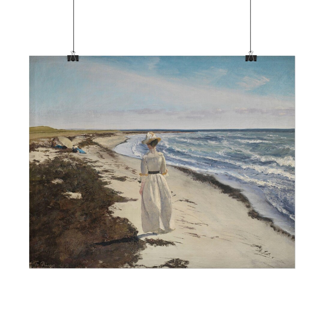 Vintage Beach Day Rolled Posters, Woman in White Dress With Sunhat Art ...
