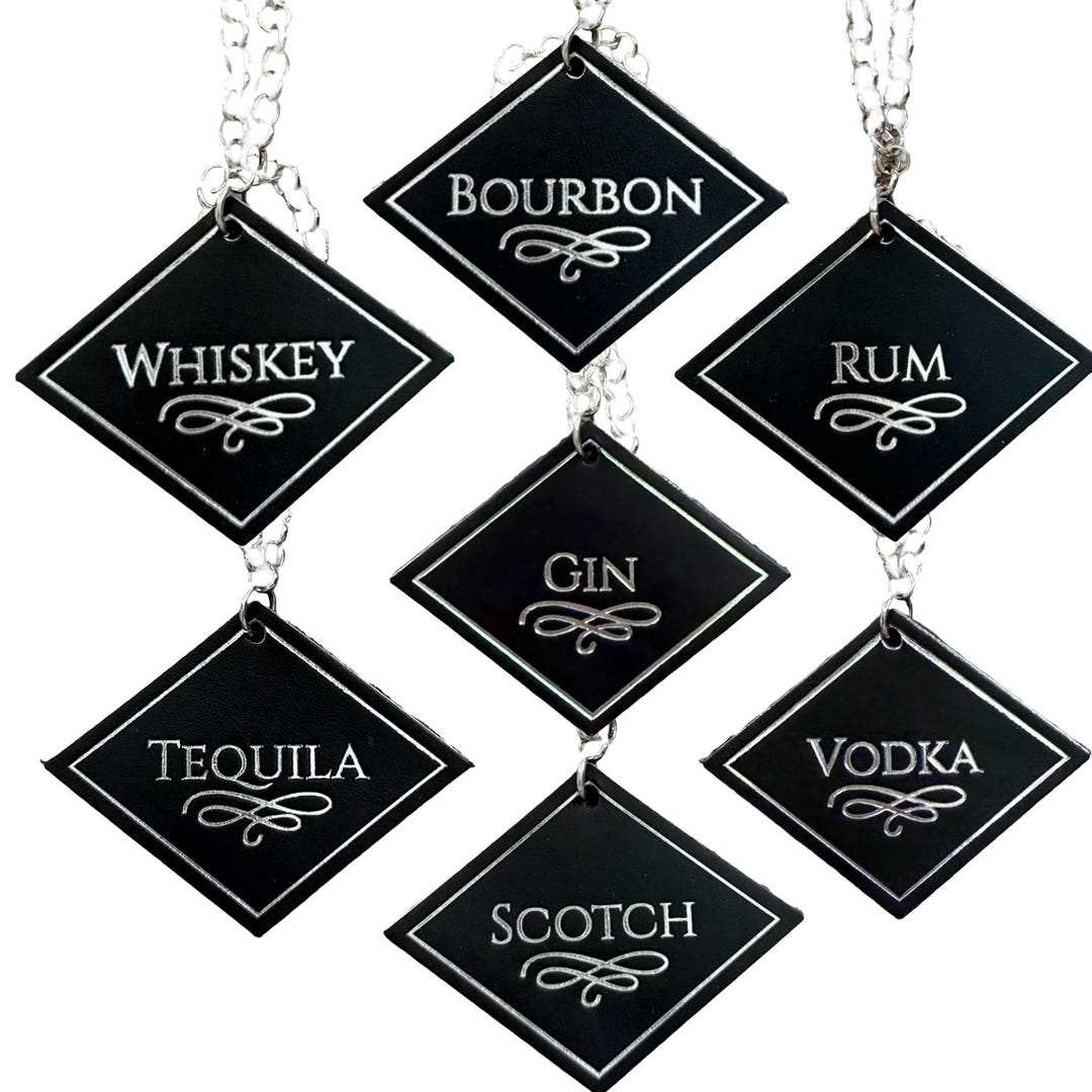 Leather Alcohol Decanter Tags Set of 7 - Whiskey, Vodka, Rum, Tequila ...