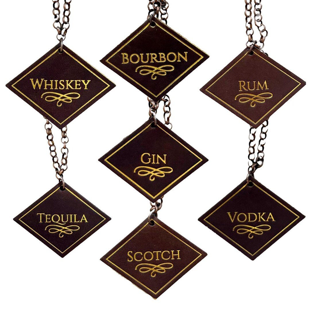 Leather Alcohol Decanter Tags Set of 7 - Whiskey, Vodka, Rum, Tequila ...