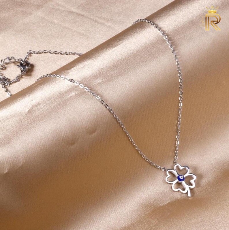 Sterling Silver Clover Leaf Evil Eye Necklace | Lucky Charm Pendant ...