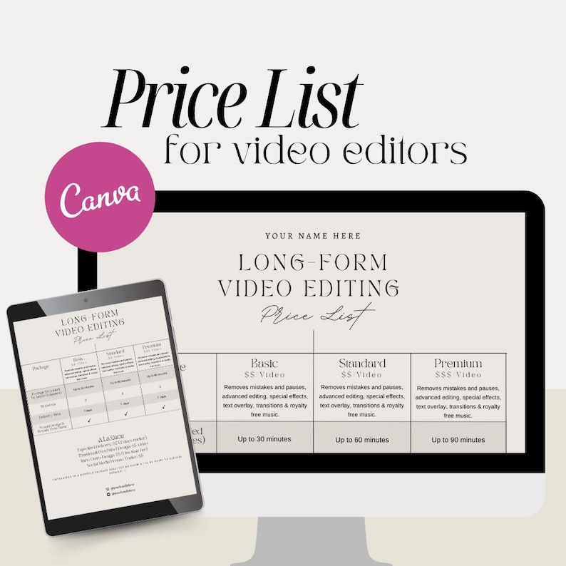 Youtube Video Editing Price List Template | Editable Canva Pricing ...