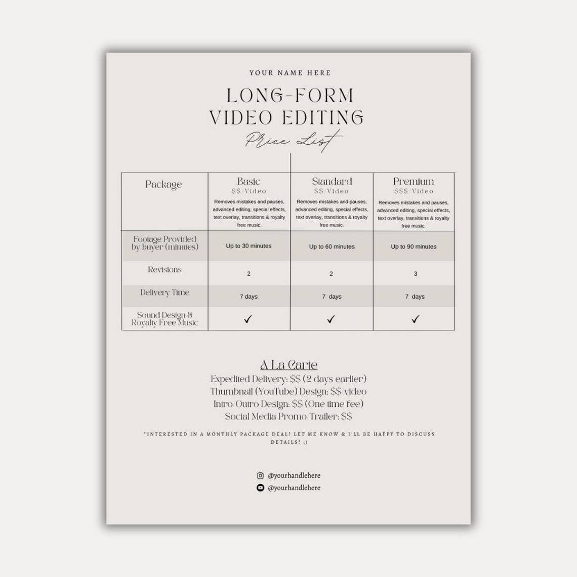 Youtube Video Editing Price List Template | Editable Canva Pricing ...