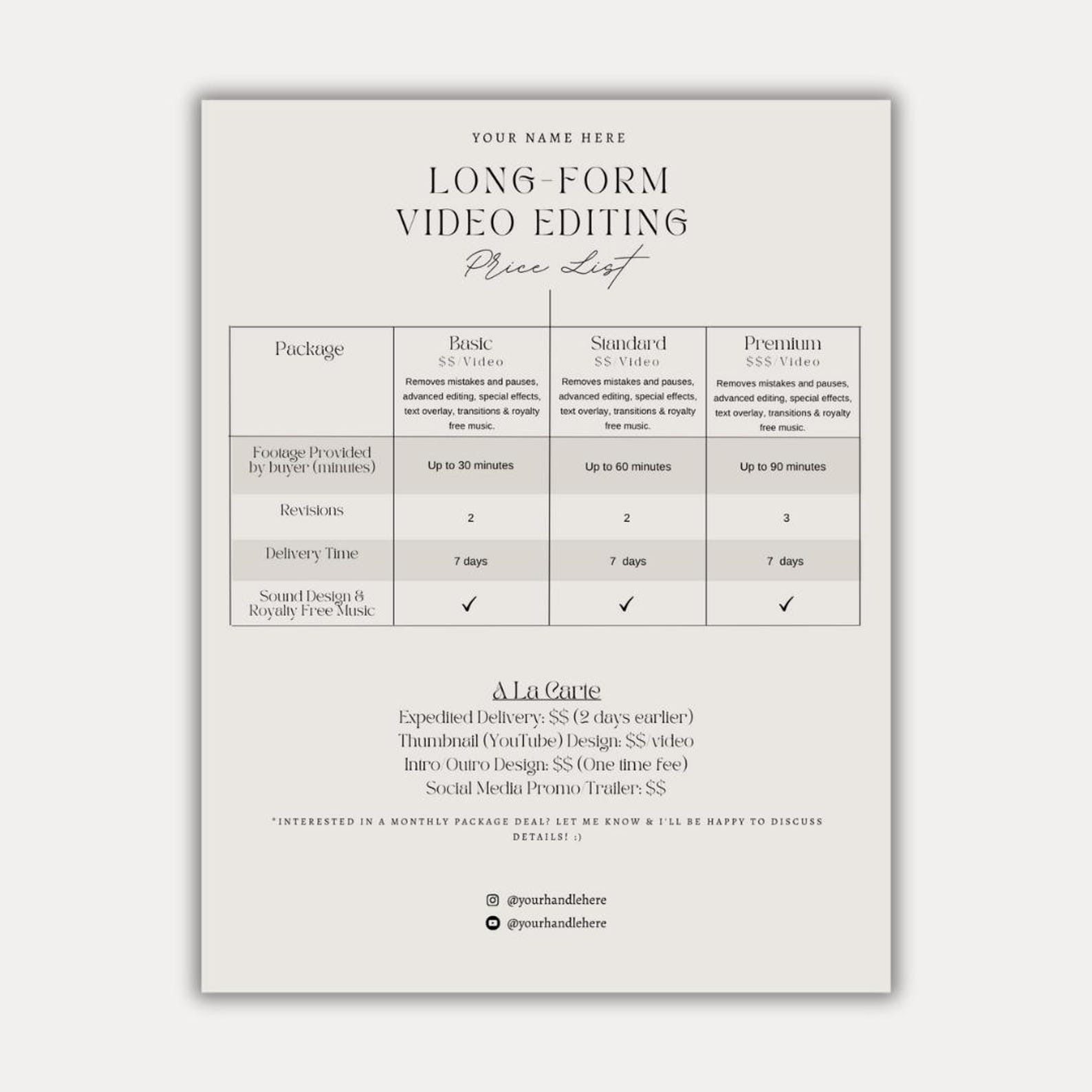 Youtube Video Editing Price List Template | Editable Canva Pricing ...