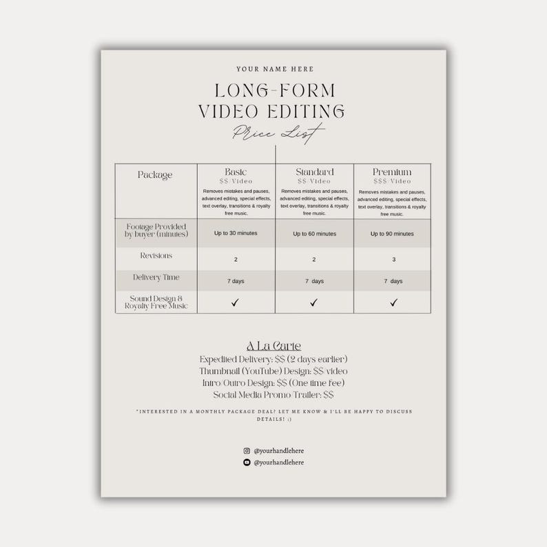 Youtube Video Editing Price List Template | Editable Canva Pricing ...