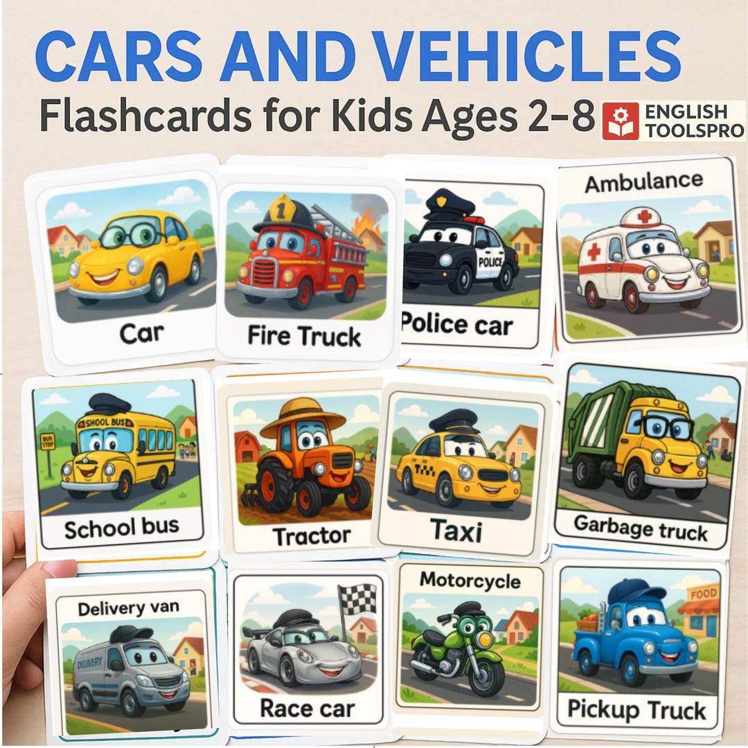 Cars and Vehicles Flashcards for Kids – Educational Printable Set of 12 ...