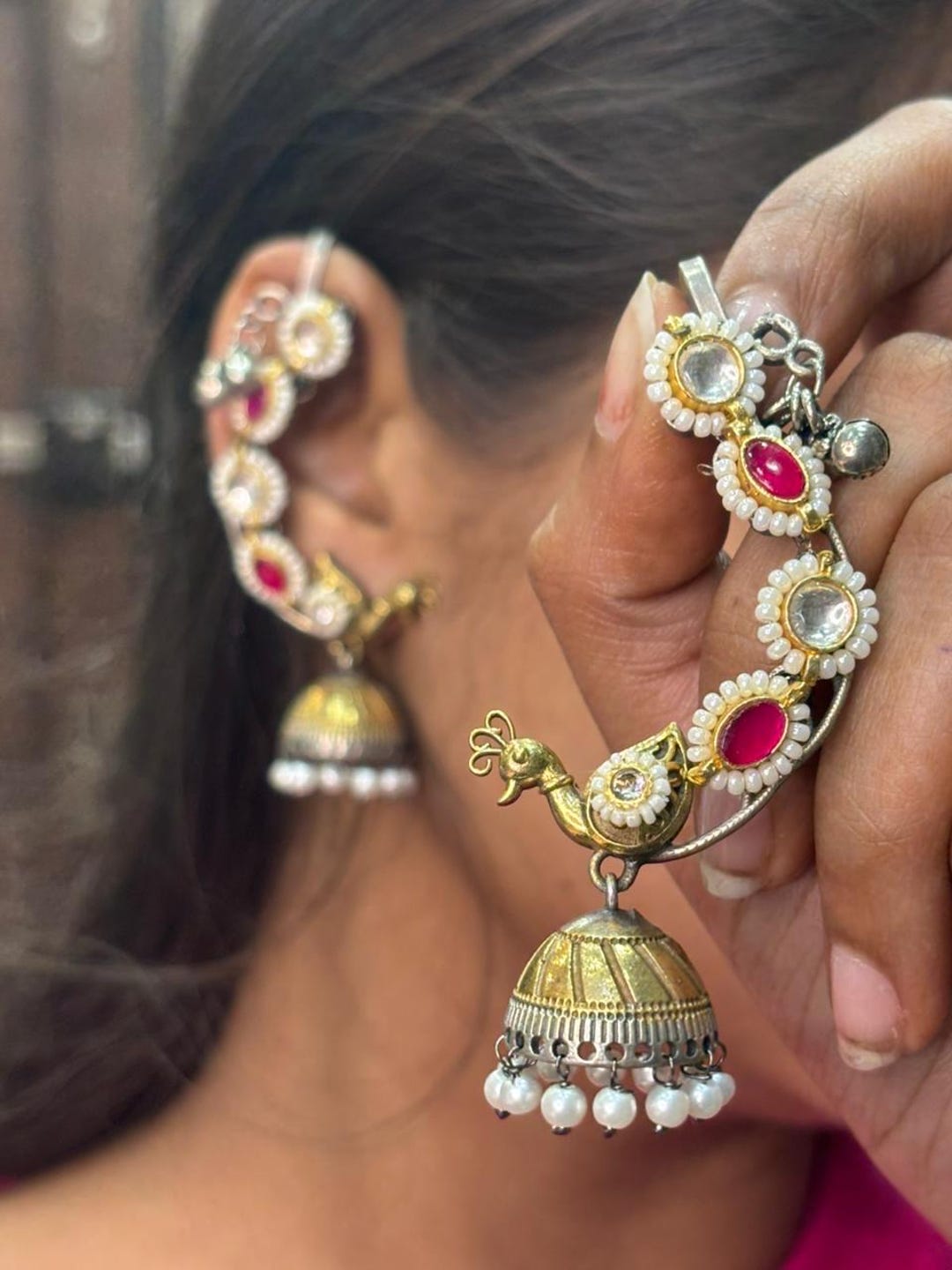 German Silver Brass Base Kundan Buggadi Earrings: Indian Peacock, Pearl ...