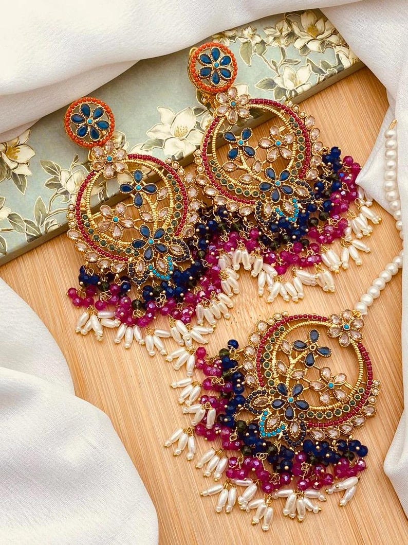 Nauratan Bali With Tikka Rice Pearl Bali Earrings and Tikka Set ...