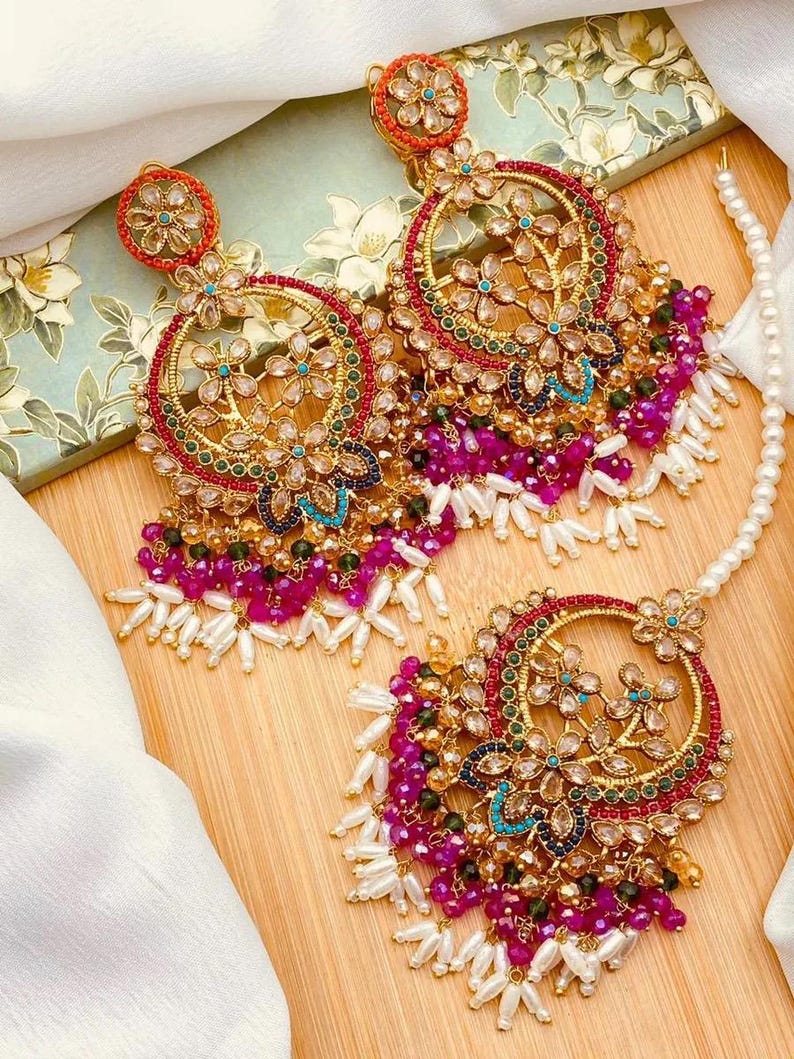 Nauratan Bali With Tikka Rice Pearl Bali Earrings and Tikka Set ...