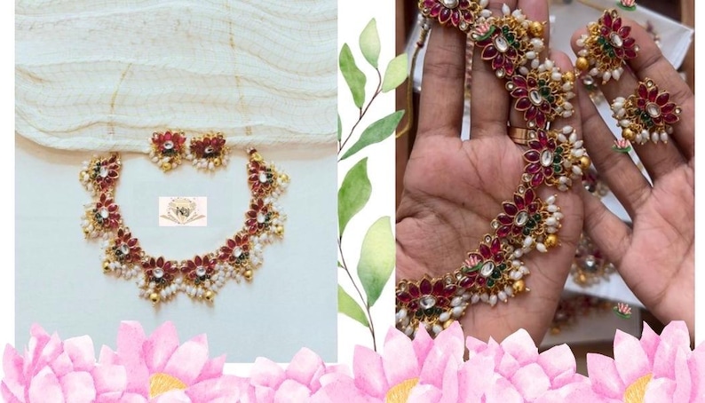 22k Gold Plated Kempu Ruby Lotus Pendant, Earrings & Bangle Set - Etsy