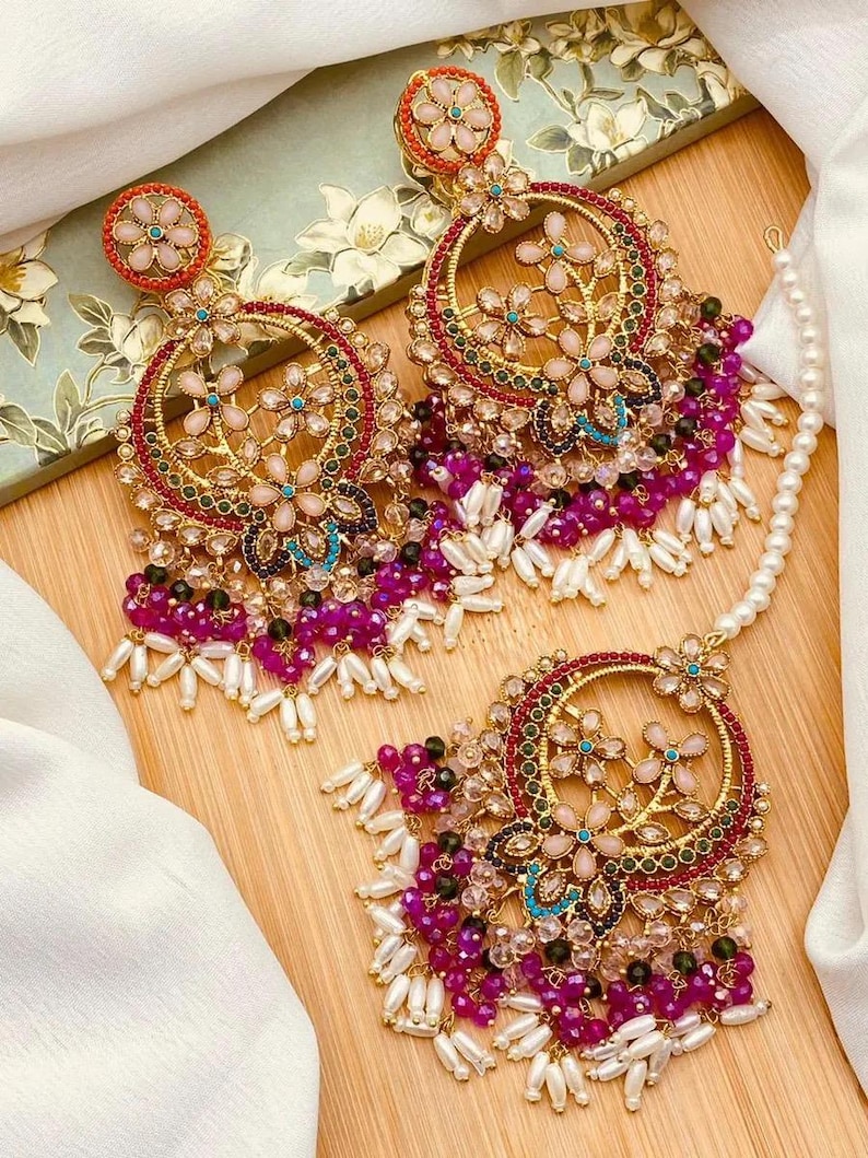 Nauratan Bali With Tikka Rice Pearl Bali Earrings and Tikka Set ...