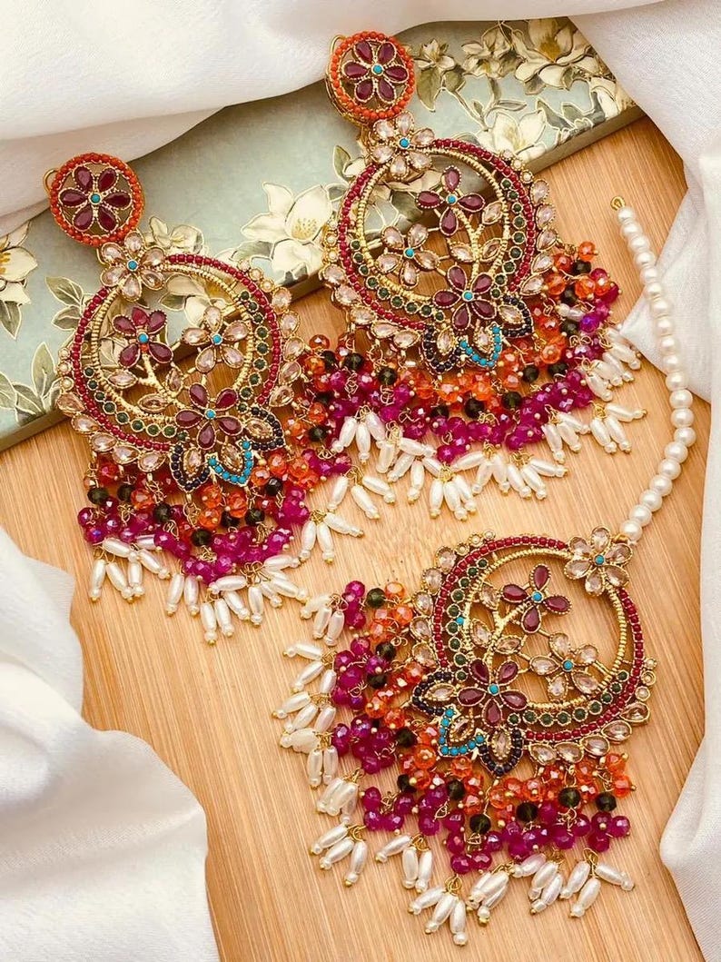 Nauratan Bali With Tikka Rice Pearl Bali Earrings and Tikka Set ...