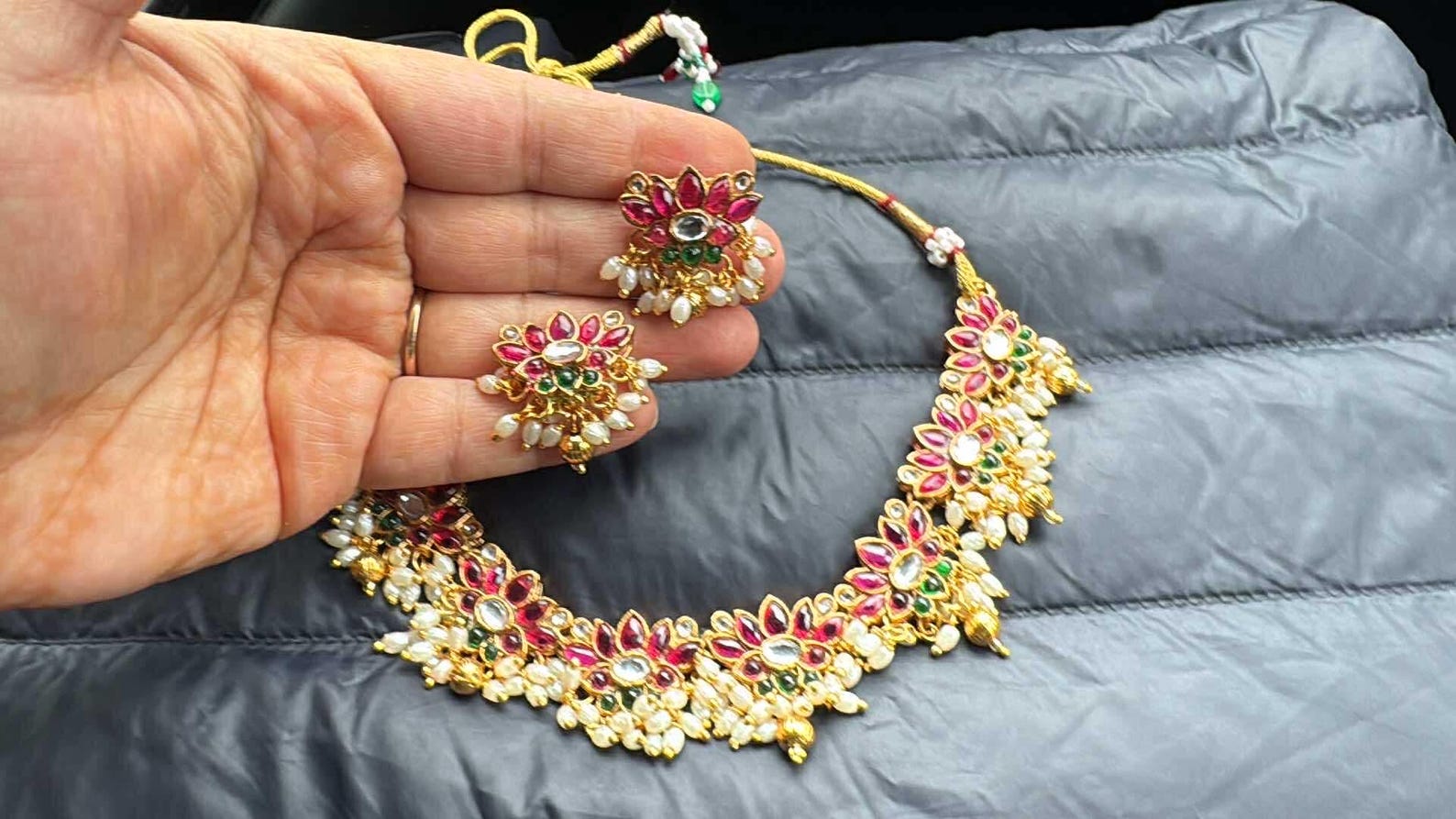 22k Gold Plated Kempu Ruby Lotus Pendant, Earrings & Bangle Set - Etsy