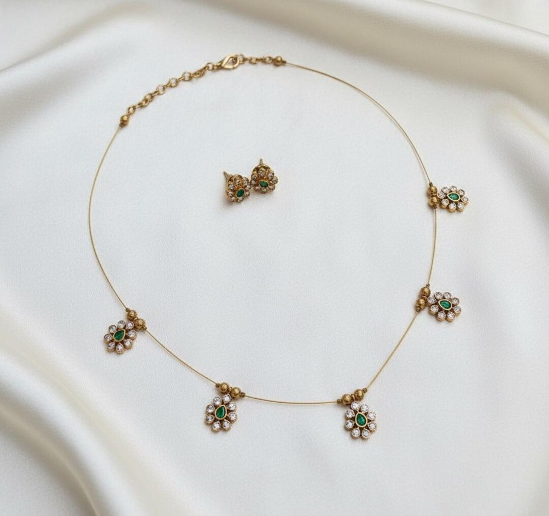 Invisible Chain Inspired AD Green Flower Design Necklace With Earrings ...