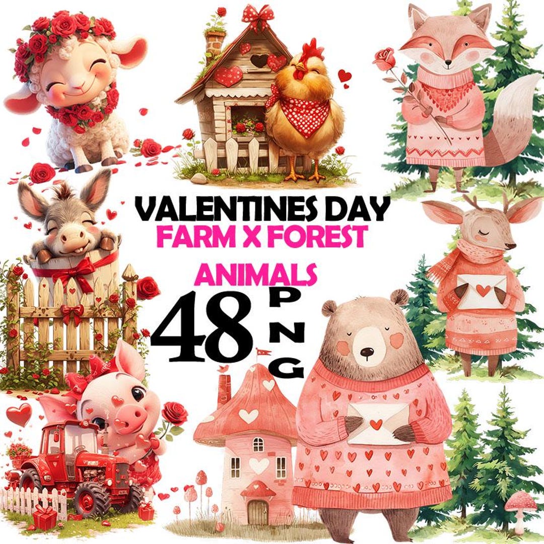 Valentine's Day Farm & Forest Animals Clipart | Watercolor PNG (digital ...