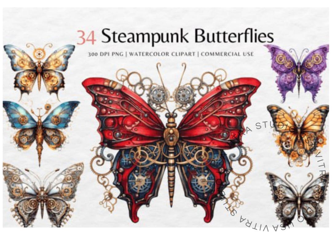 34 Steampunk Butterflies Clipart Bundle - Watercolor PNG 300 DPI ...