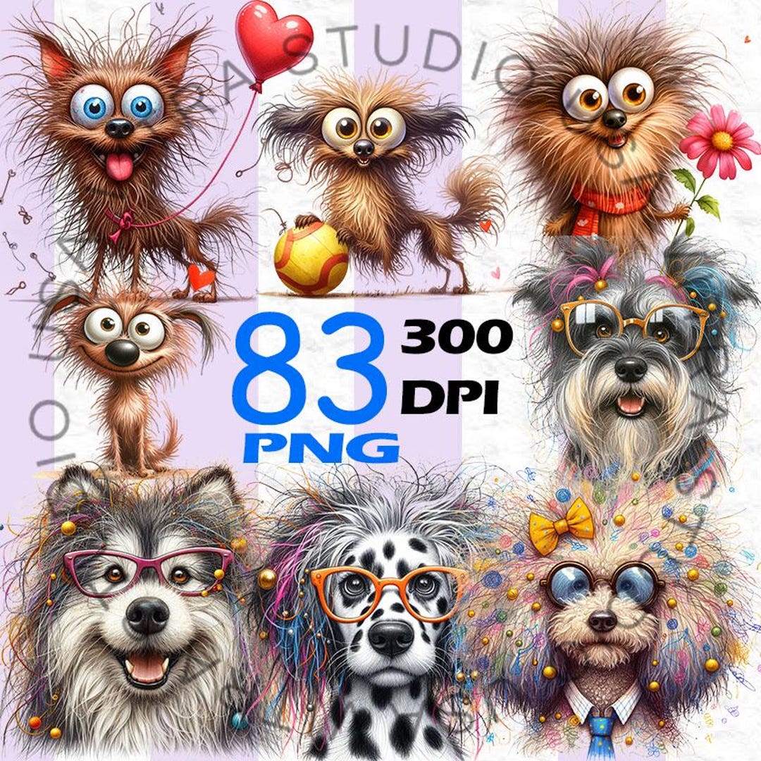 Funny Crazy Dogs Clipart Bundle, Messy Hair Dog Graphics, Wacky Pet ...