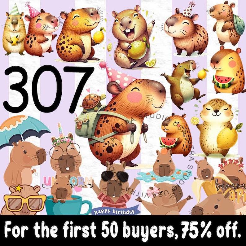 Capybara Clipart Mega Bundle, 307 Kawaii Animal Pngs for Sublimation ...