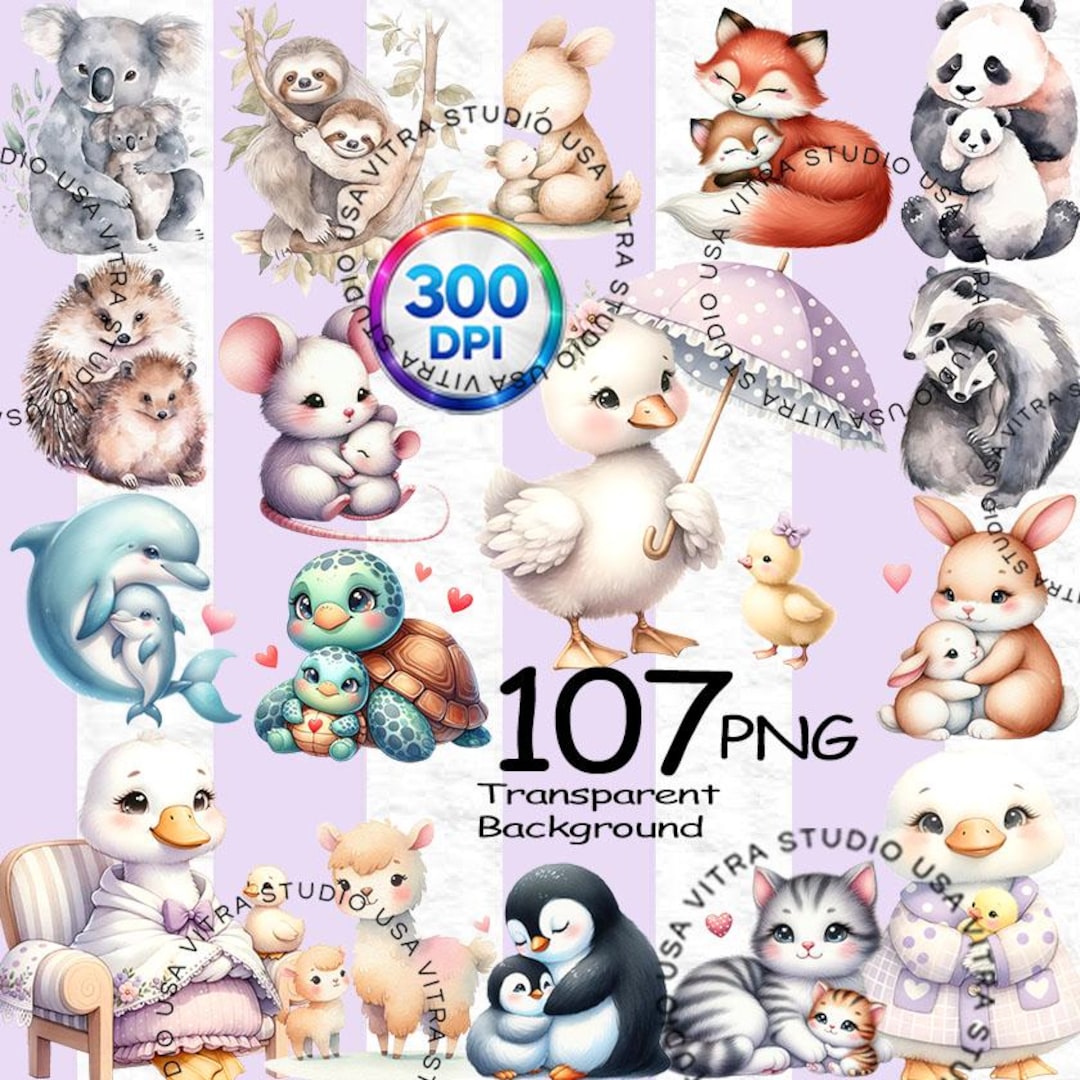 Watercolor Mother and Baby Animals Clipart, Nursery PNG Bundle Digital ...