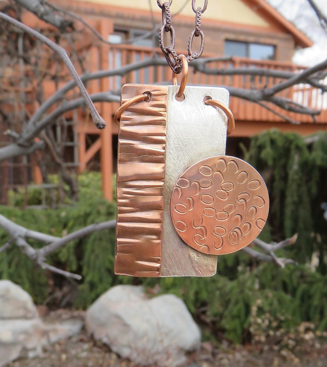 Oxidized Copper Sterling Silver Pendant: Mixed Metal Abstract Art - Etsy