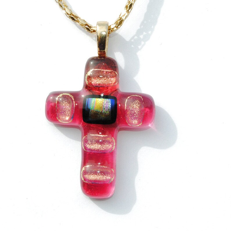 Pink and Gold Transparent Fused Glass Cross Pendant, Dichroic Glass ...