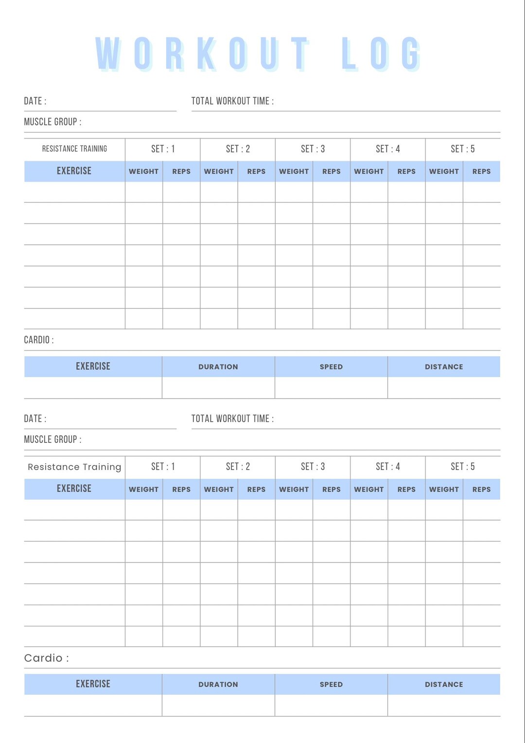 Workout Log | Exercise Schedule | Muscle Groups and Cardio | Weekly ...