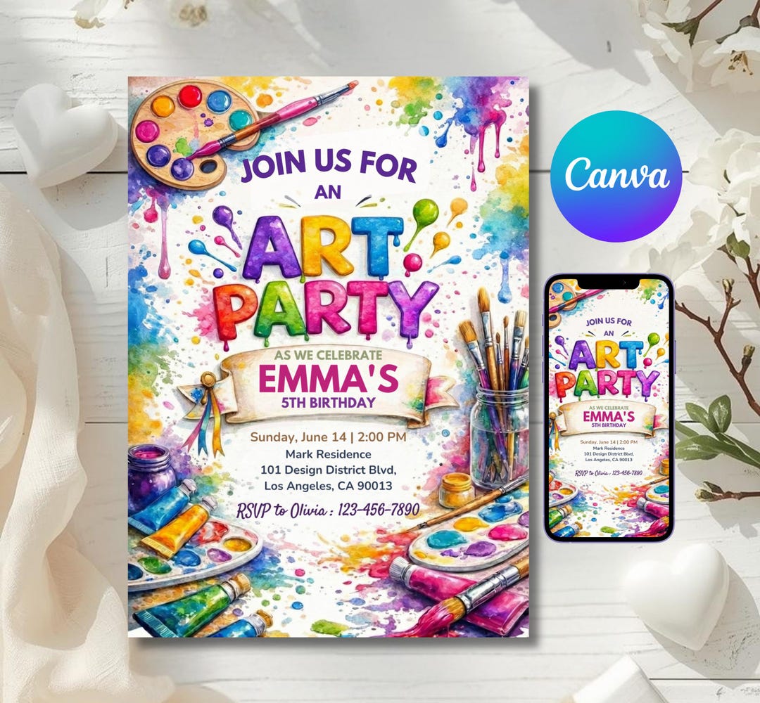 Art Birthday Party Invitation, Painting Theme, Editable Canva Template ...