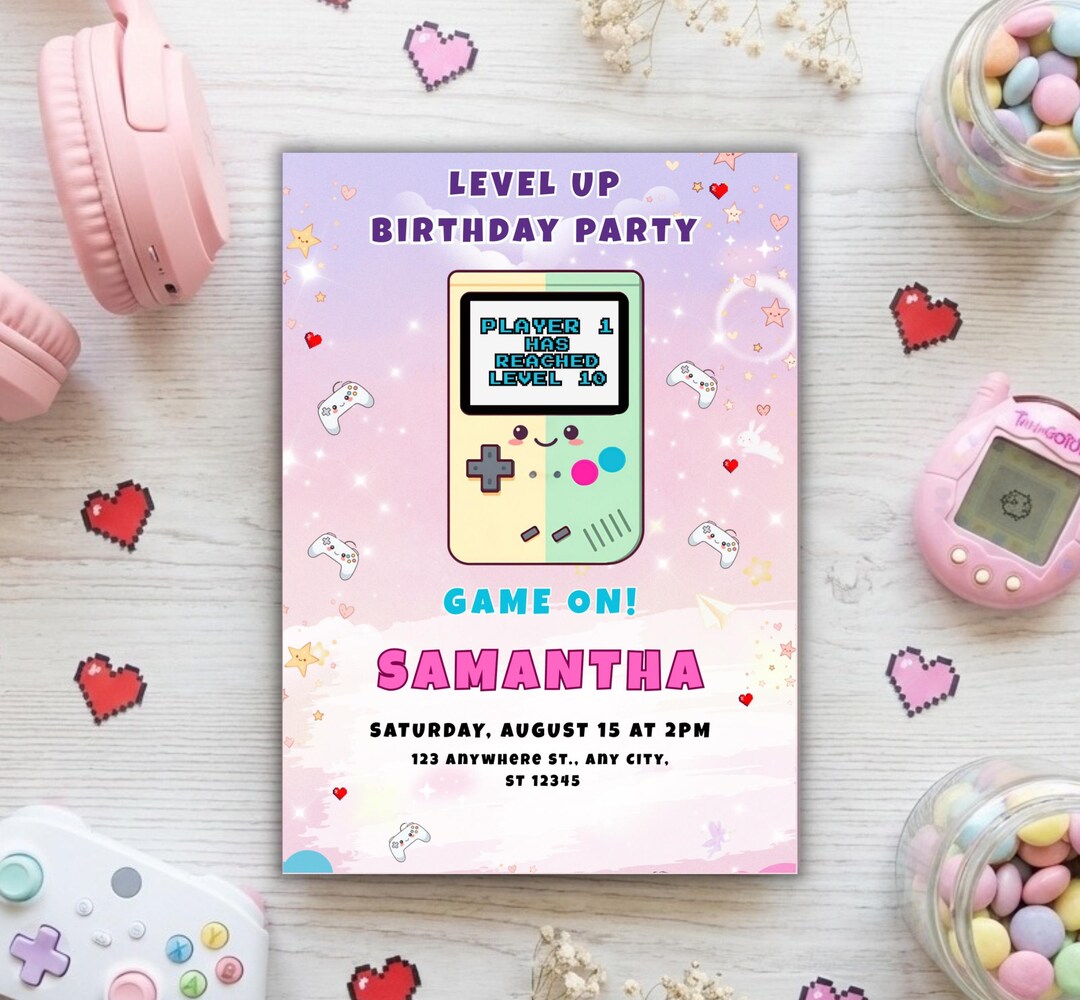 Girl Video Game Invitation , Level up Party Invite , Arcade Game Theme ...