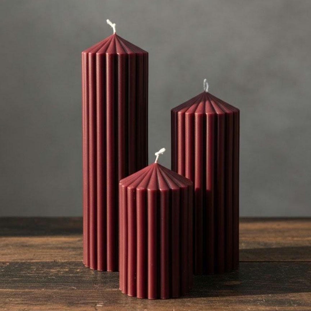 Set of 3 Ribbed Pillar Candles 9 Inch 7 Inch 5 Inch Scented and ...
