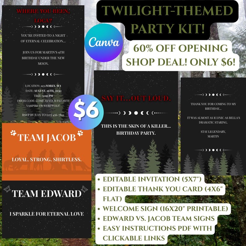 Twilight Birthday Party Kit – Editable Canva Invitation, Welcome Sign ...