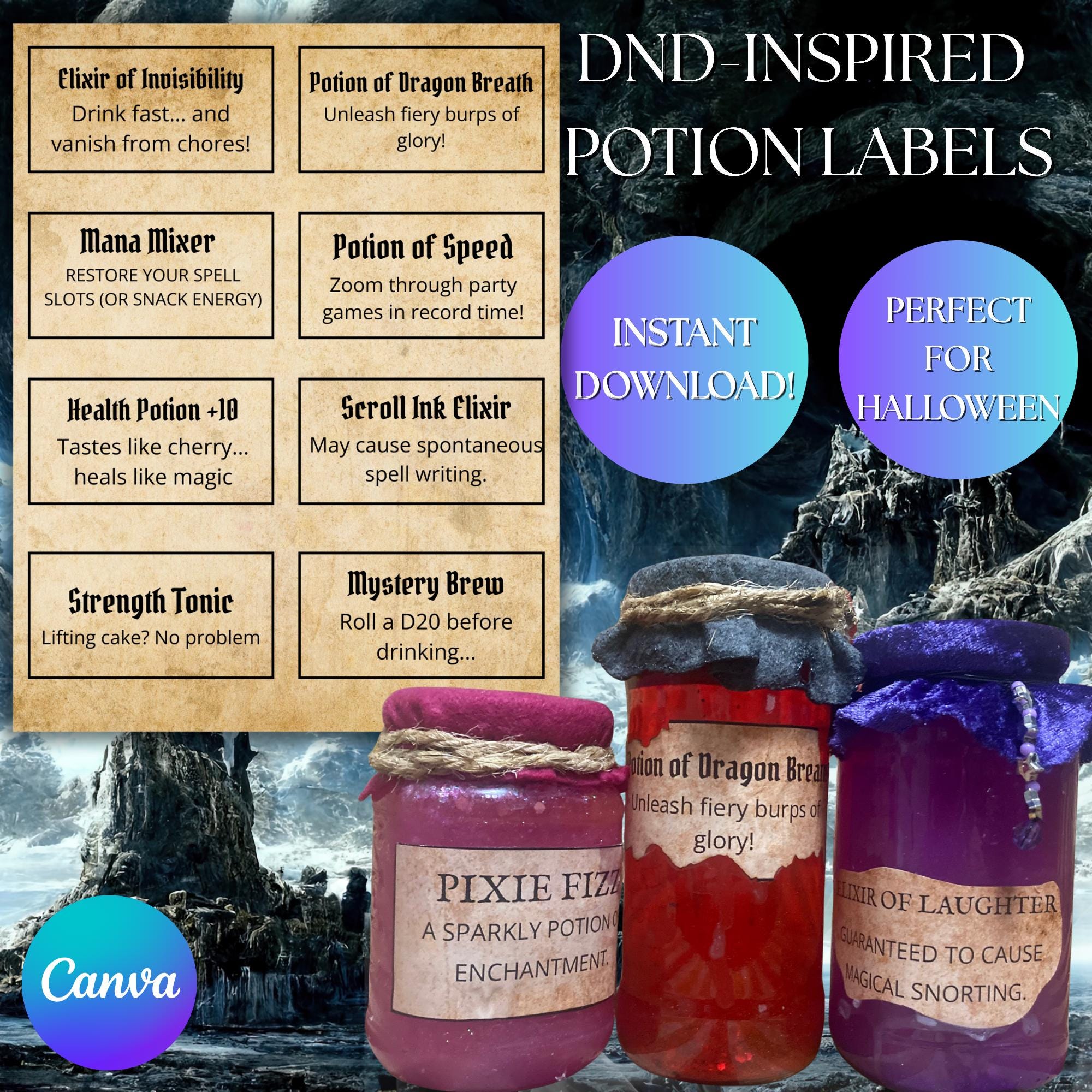 Halloween DND Potion Bottles | Printable Fantasy Labels for RPG Party ...