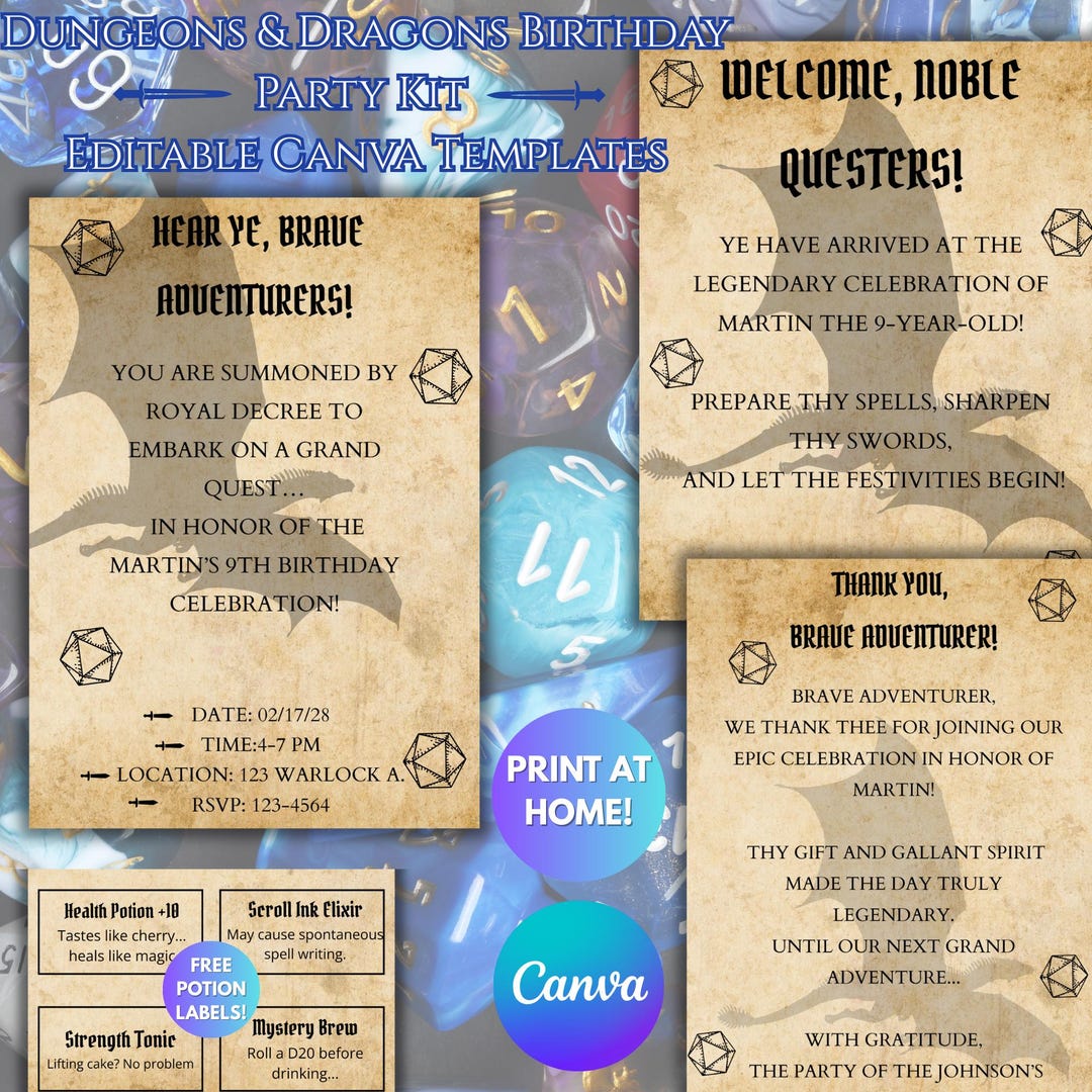 Dungeons & Dragons Birthday Party Kit: Editable Dnd Invitation, Sign ...