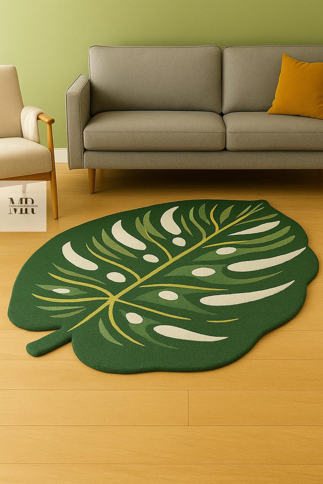 Green Leaf Shaped Area Rug, Tropical Monstera Plant Carpet, Modern ...
