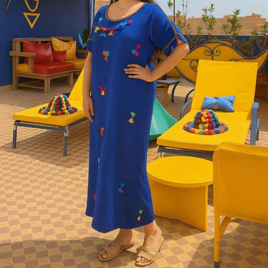 Royal Blue Moroccan Caftan With Bright Tassels | Handmade Berber Kaftan ...
