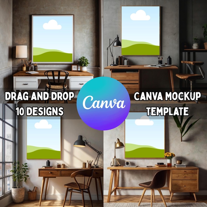 Canva Mockup Template – Desk Scene With Wall Frame | Editable Wall Art ...