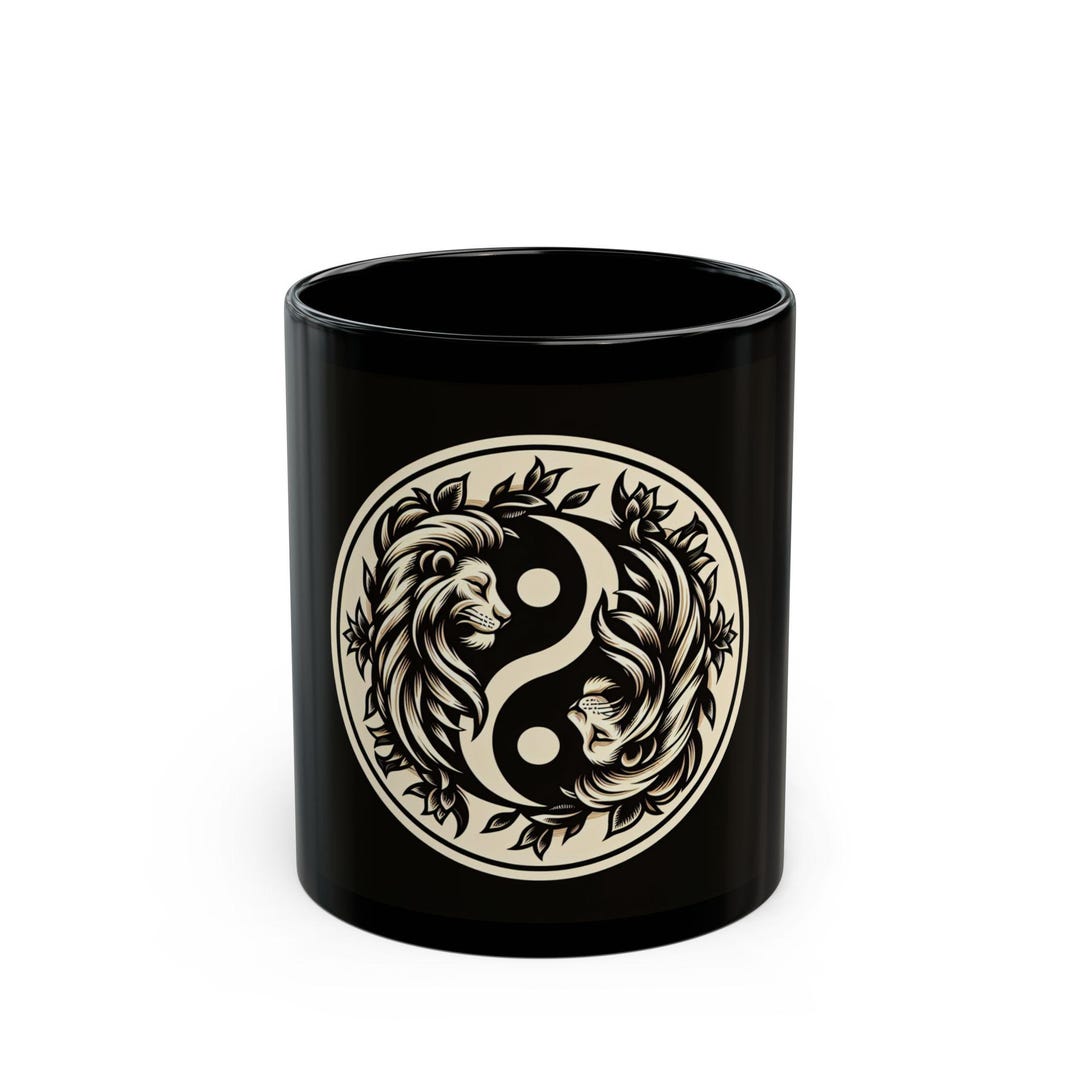 Mug, Ying and Yang Leo Lion and Lioness, Black Coffee Cup, Tea Mug ...