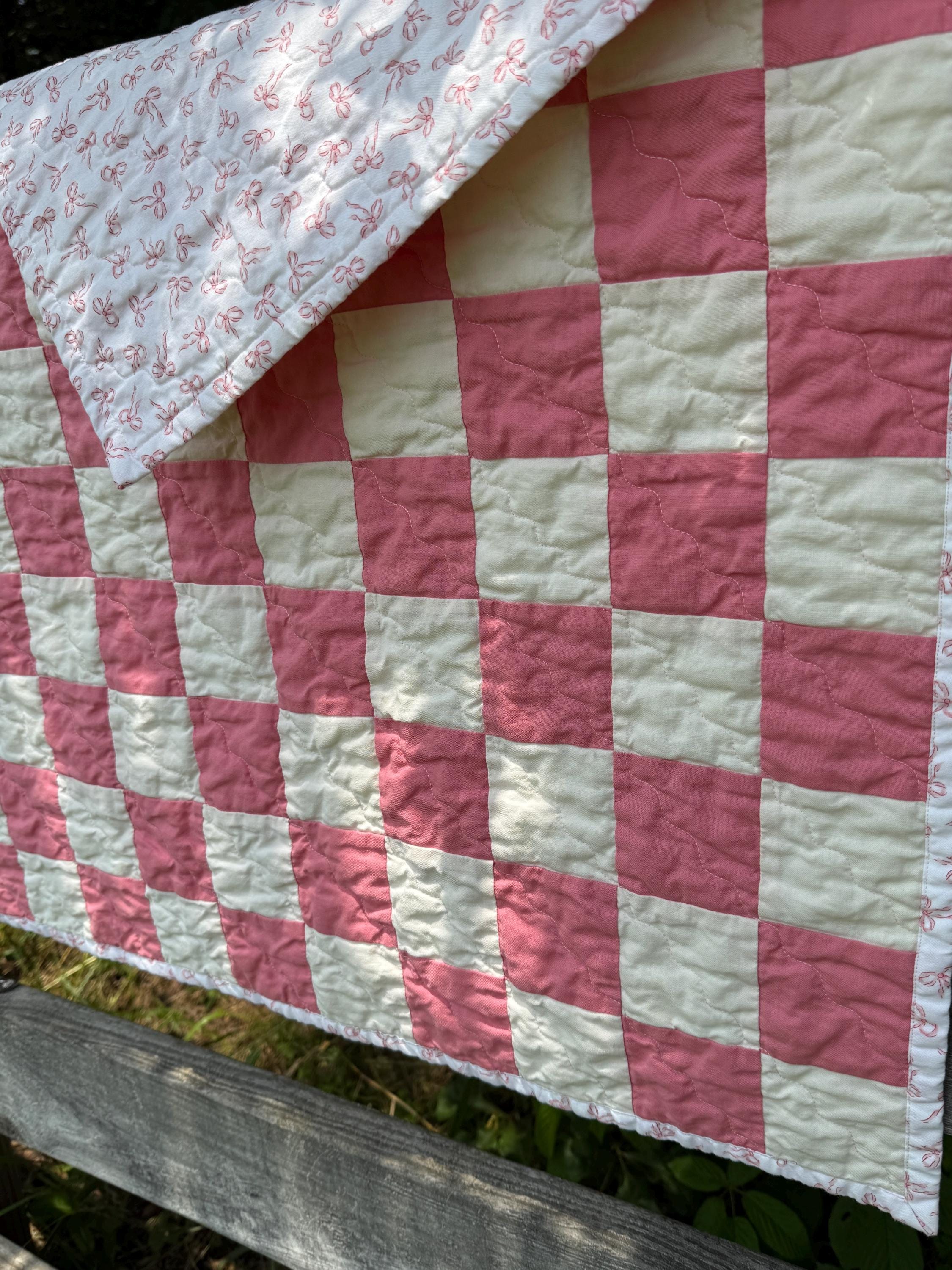 Pink and White Checker Baby Crib Quilt - Checkered Girl Handmade Bows ...