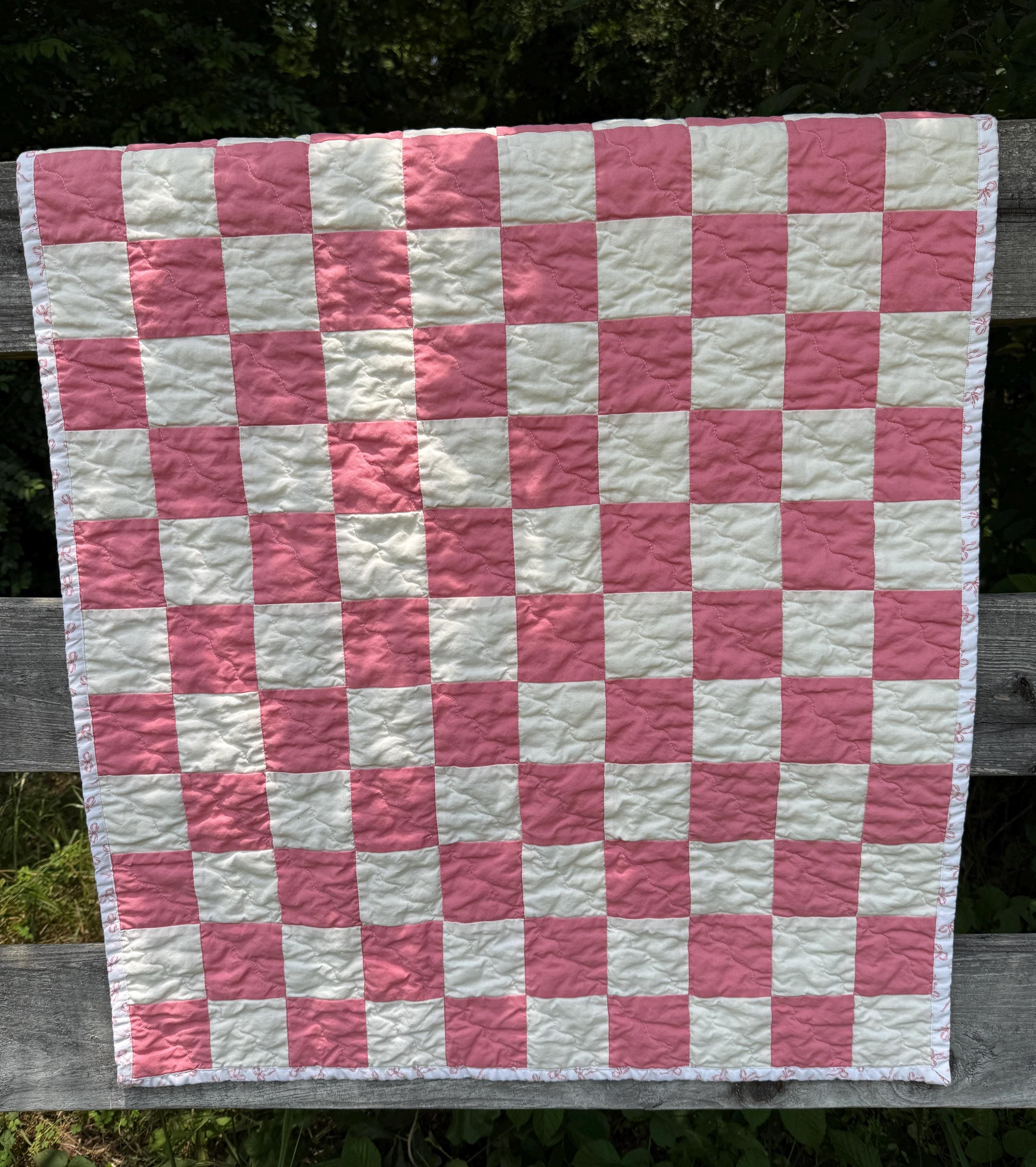 Pink and White Checker Baby Crib Quilt - Checkered Girl Handmade Bows ...