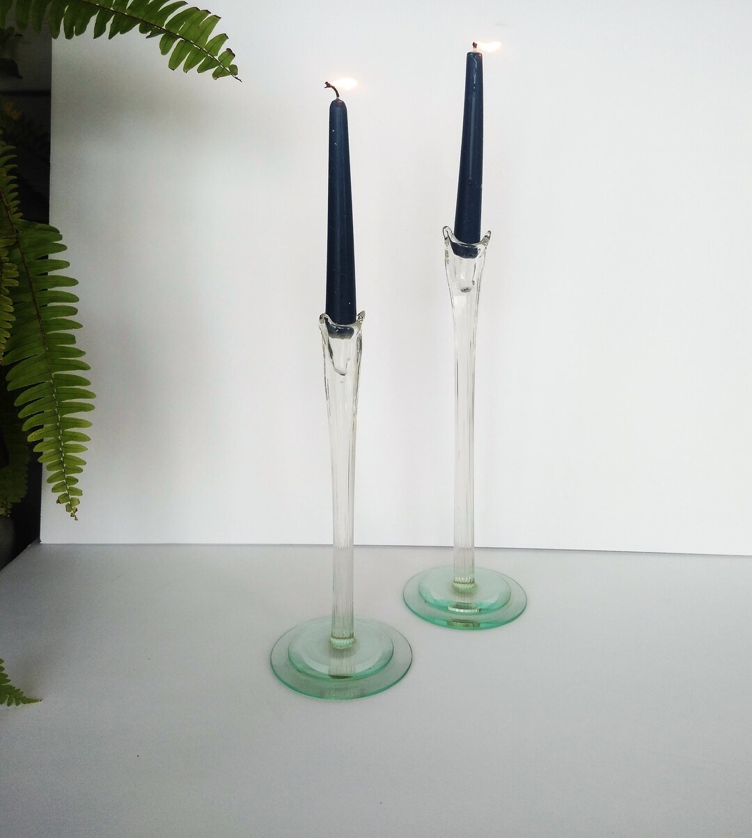 Elegant Swung Glass Candlesticks, Set of 2, Clear With Light Green Tint ...