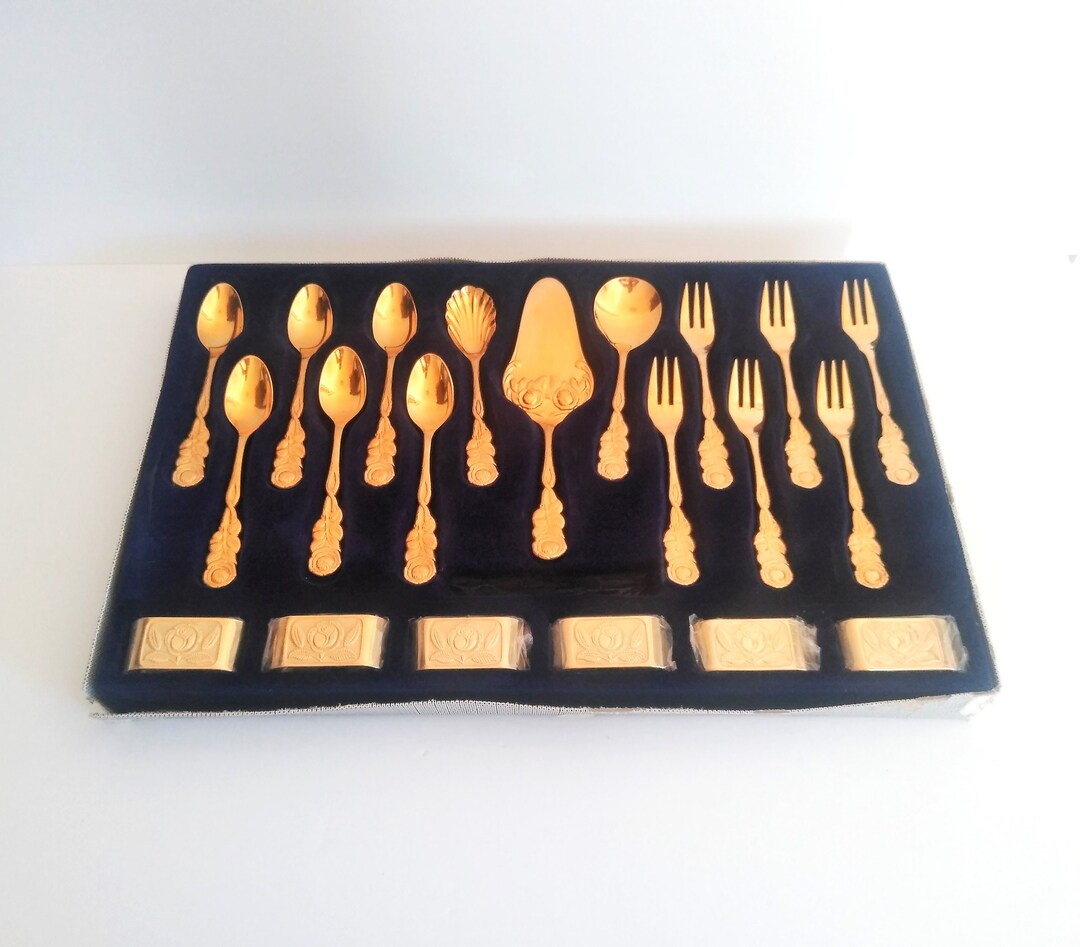 Vintage Gold Plated Dessert Utensil Set, Forks, Spoons, Napkin Rings ...